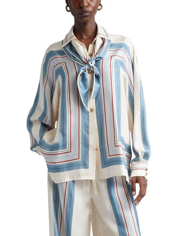 Zimmermann Relaxed Striped Silk Button-up Shirt With Removable Scarf - Ticking Stripe