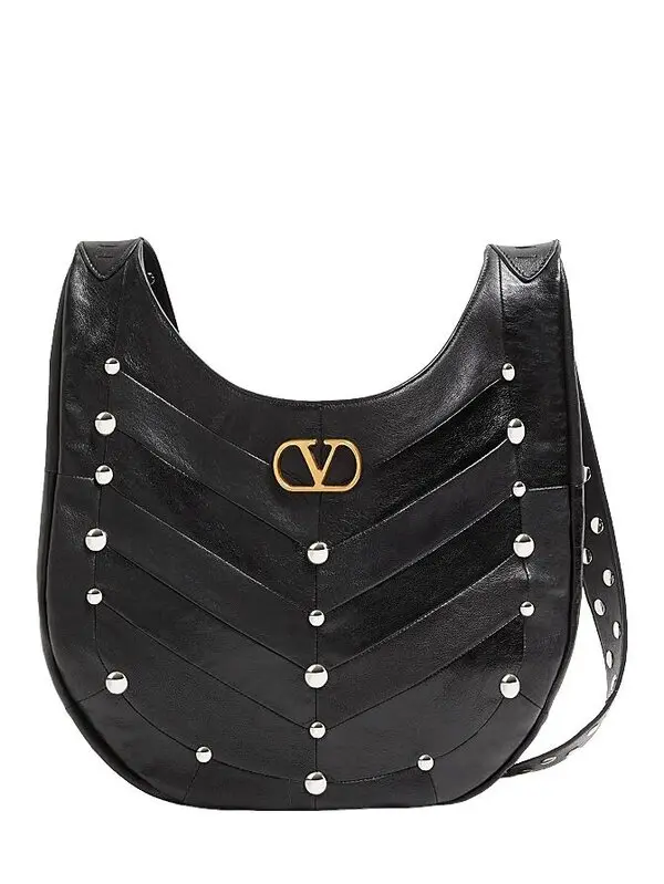 Valentino Garavani Studded Chevron Vlogo Hobo Shoulder Bag - Black