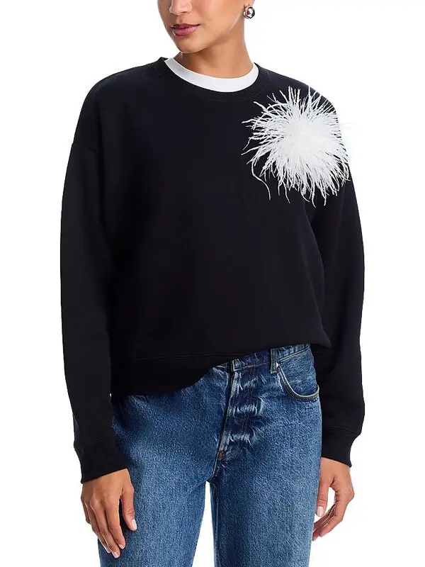 Aqua Feather Pin Fleece Crewneck Sweatshirt - Black