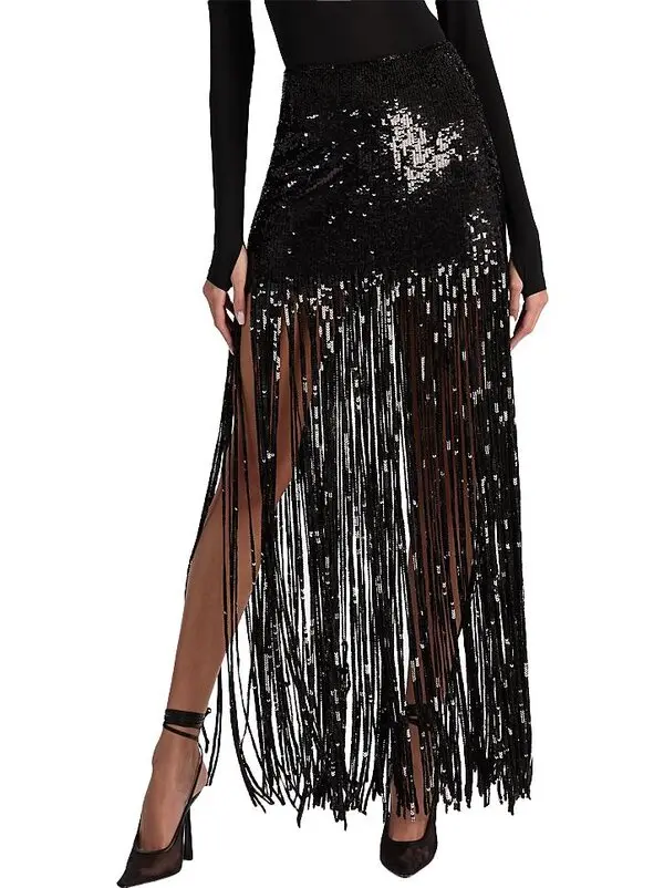 Alice + Olivia Kendra Sequin Fringe Skirt - Black