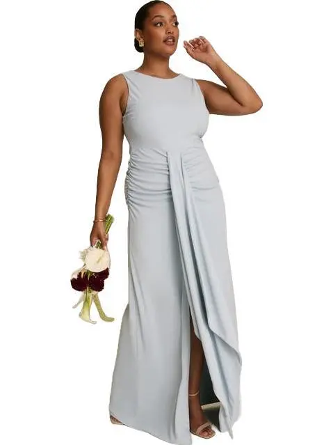 SIX STORIES Drape Gathered Sleeveless Maxi Dress - Pale Blue