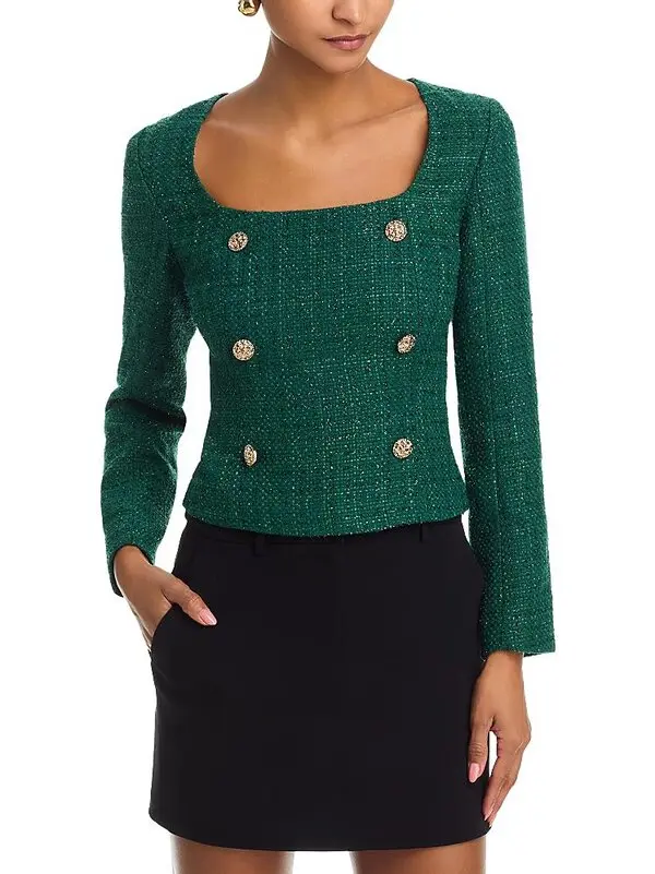 French Connection Shante Shimmer Tweed Double Breasted Top - Evergreen
