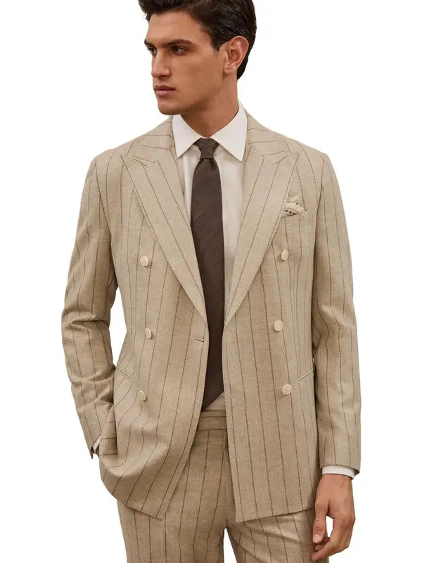 REISS Montepulicianoatelier Atelier Wool Double-breasted Blazer Pinstripe Classic-fit - Mocha Brown