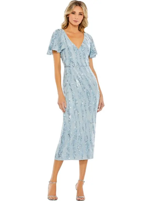 Mac Duggal Sequined V-neck Tea Length Dress - Blue