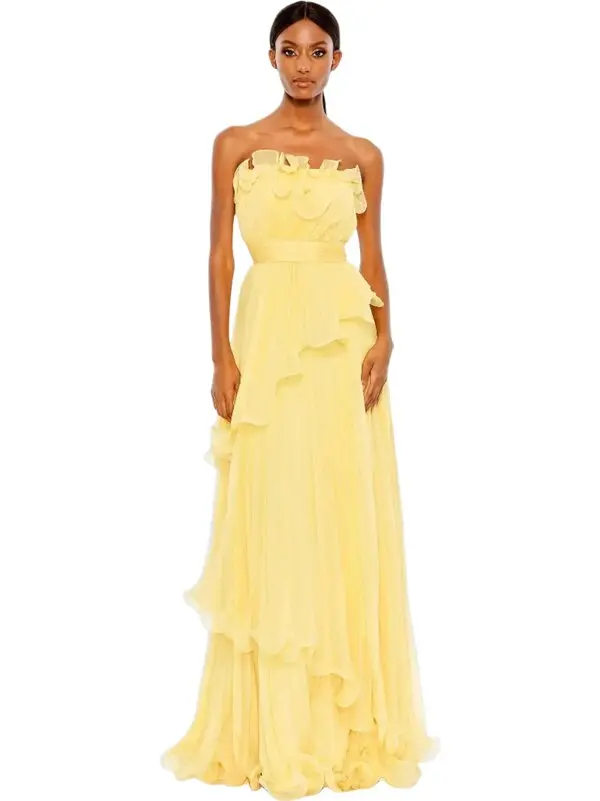Mac Duggal Pleated Tiered Ruffled Strapless Gown - Yellow