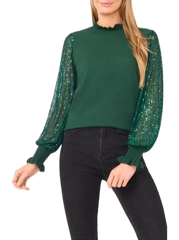CECE DUPRAZ Sequin Sleeve Mock Neck Sweater - Alpine Green