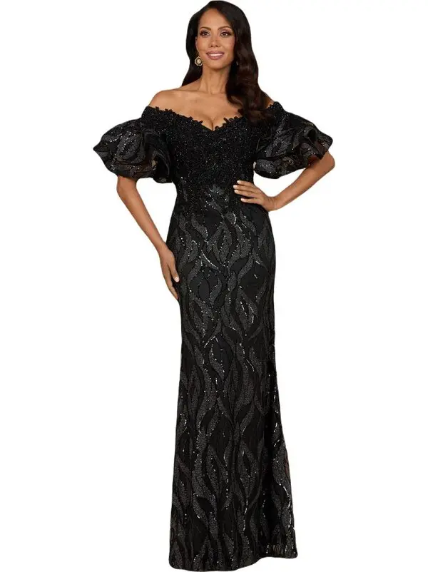 LARA NEW YORK Off-the-shoulder Mermaid Gown With Tiered Sleeves - Black