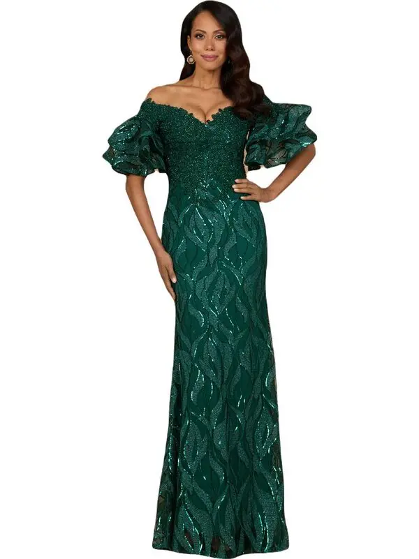 LARA NEW YORK Off-the-shoulder Mermaid Gown With Tiered Sleeves - Green