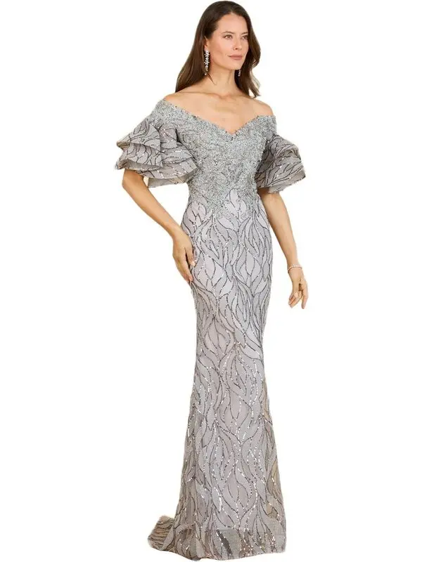 LARA NEW YORK Off-the-shoulder Mermaid Gown With Tiered Sleeves - Grey