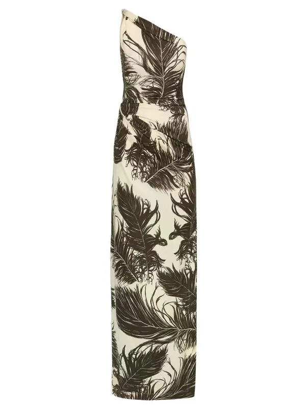 Oscar De La Renta Feather-print One-shoulder Maxi Dress - Brown