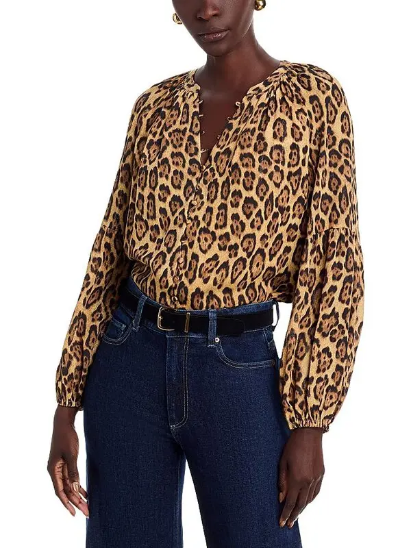 T Tahari Split V-neck Button-down Blouse - Leopard Print