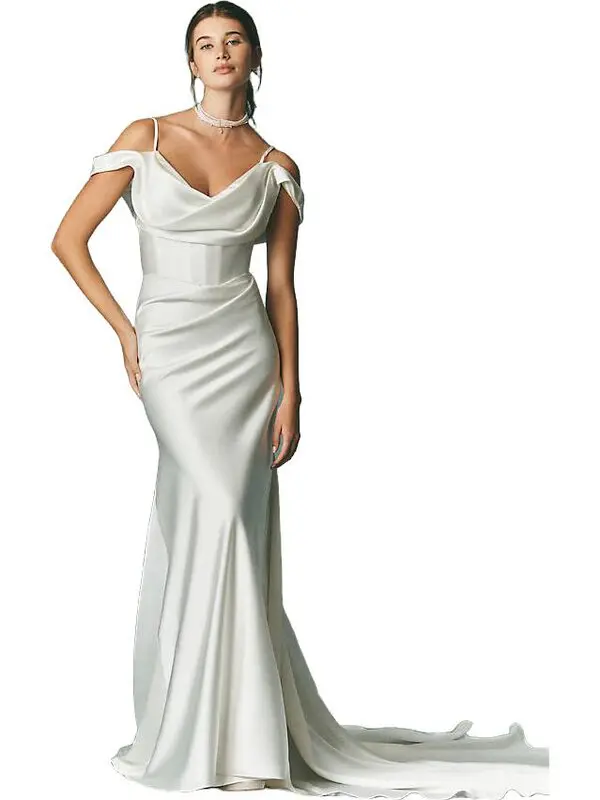 Watters Amaryliss Cowled Satin Column Wedding Gown - Ivory