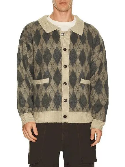 FOUND Wool Blend Argyle Cardigan - Grayscale