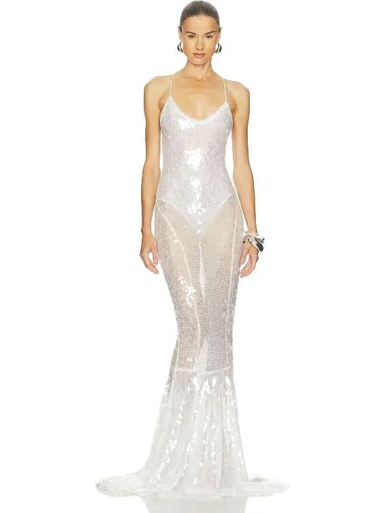 Norma Kamali Low Back Fara Slip Fishtail Gown - White