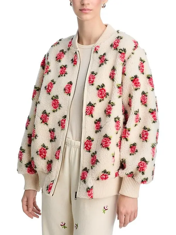 The Great. Floral Plush Bomber Jacket - Cream Rose