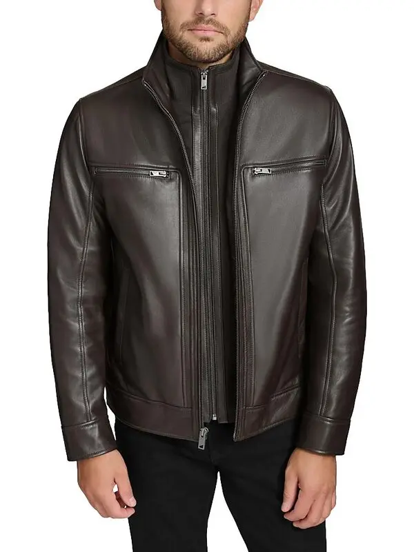 Andrew Marc Winton Leather Bomber Jacket - Dark Brown
