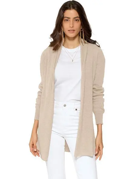 MONTICELLI CASHMERE Long Open Front Pure Cashmere Cardigan - Beige