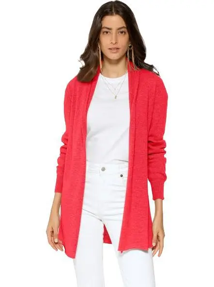 MONTICELLI CASHMERE Long Open Front Pure Cashmere Cardigan - Coral Red