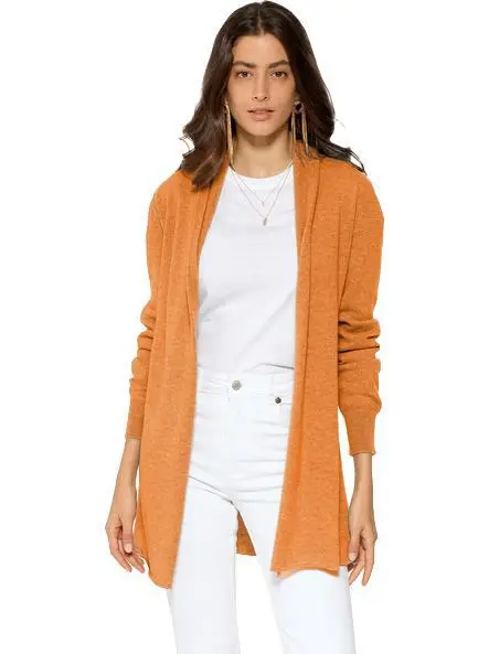 MONTICELLI CASHMERE Long Open Front Pure Cashmere Cardigan - Saffron