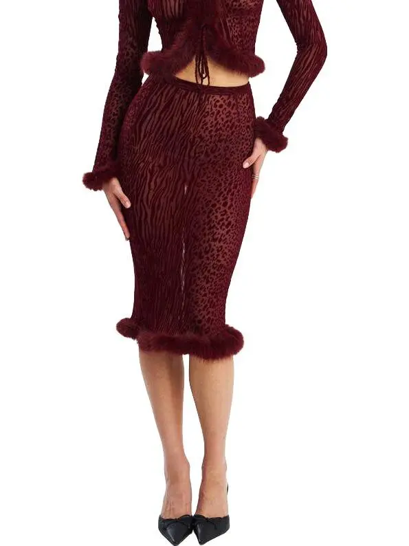 MISS CIRCLE Haliia Burnout Velvet Faux Fur Trim Skirt - Burgundy