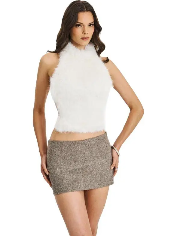 MISS CIRCLE Backless Faux Fur Halter Top - White