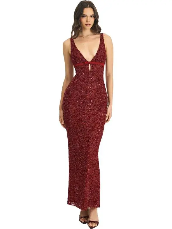 MISS CIRCLE Elora Sequin Beaded Maxi Dress - Crimson Red