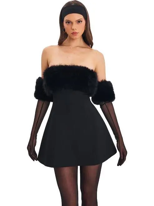 MISS CIRCLE Faux Fur-trimmed Mini A-line Dress - Black