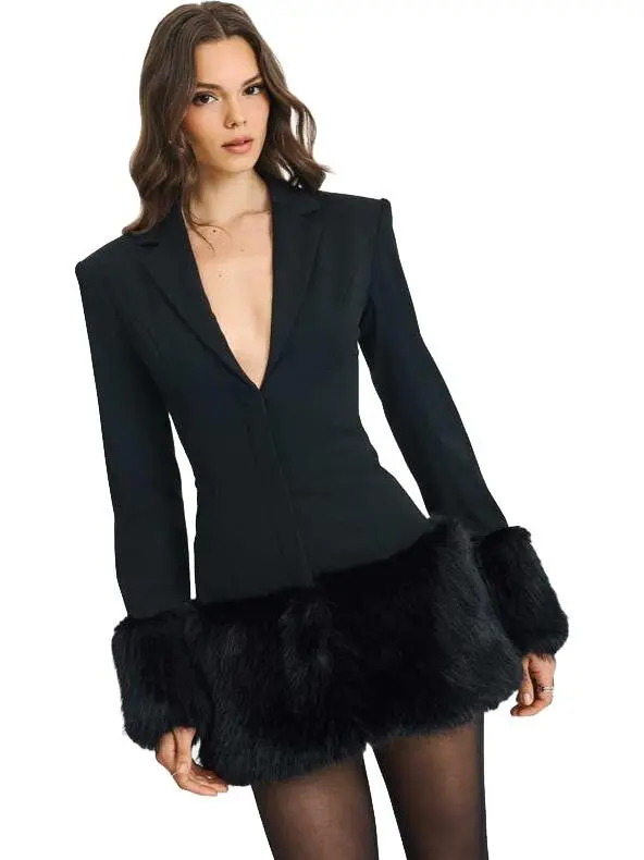 MISS CIRCLE Faux Fur Trimmed V-neck Mini Blazer Dress - Black