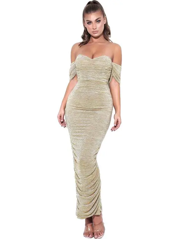 MISS CIRCLE Ruched Off Shoulder Chiffon Maxi Dress - Gold