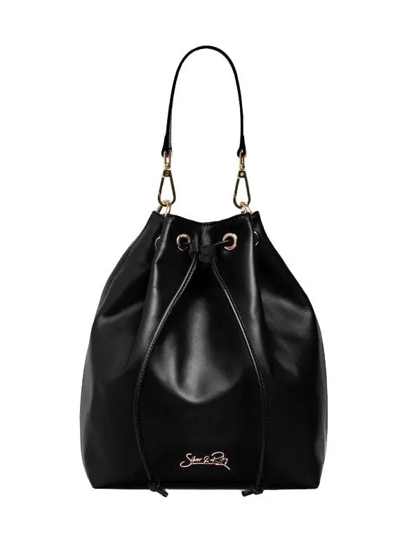SILVER & RILEY Madison Drawstring Leather Bucket Bag - Black