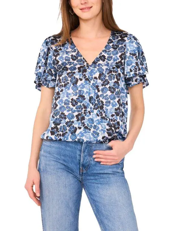 Vince Camuto Floral Print Tulip Sleeve Wrap Top - French Blue
