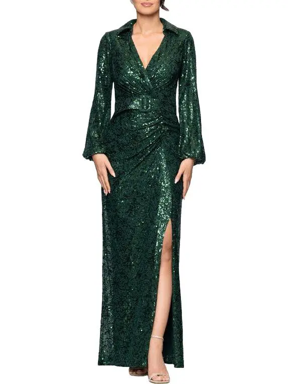 Betsy & Adam Sequin Collar Long Sleeve Gown - Pine