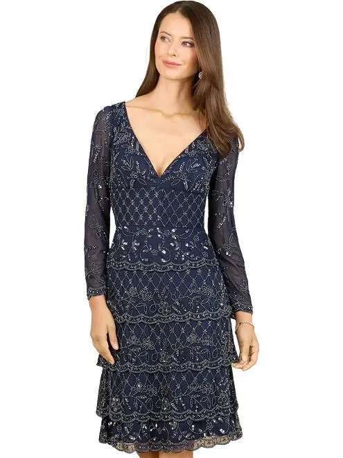 LARA NEW YORK Beaded Tulle Knee Length Dress - Navy