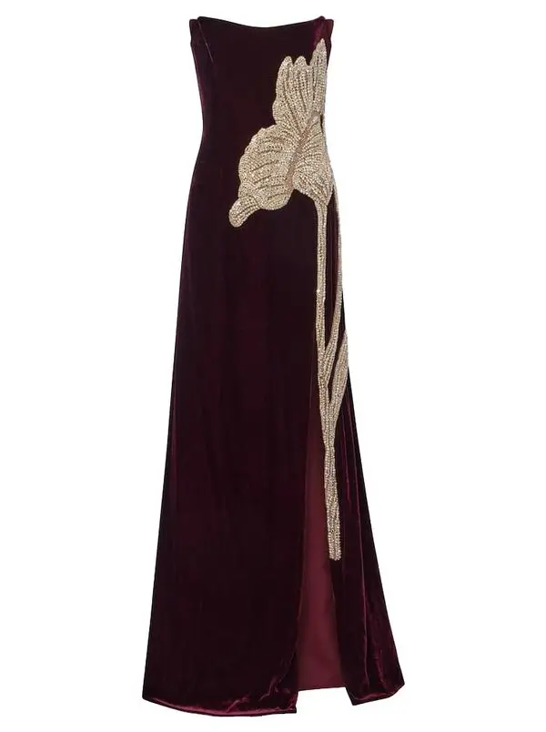 Costarellos Crystal-embellished Velvet Gown - Burgundy