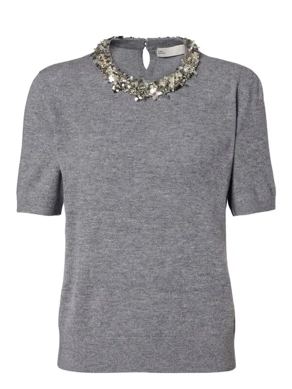 Tory Burch Embellished Wool And Cashmere Top - Grey