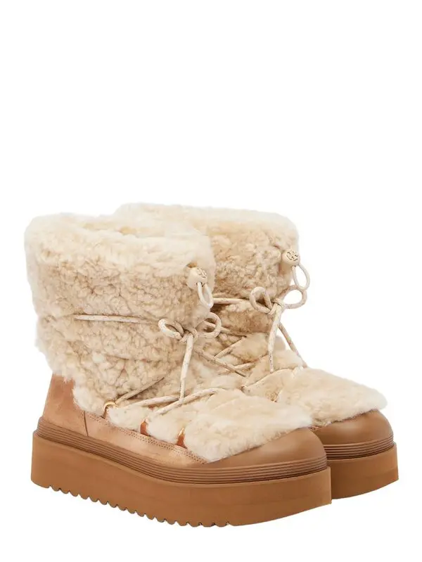Tory Burch Shearling And Suede Lace-up Boots - Beige