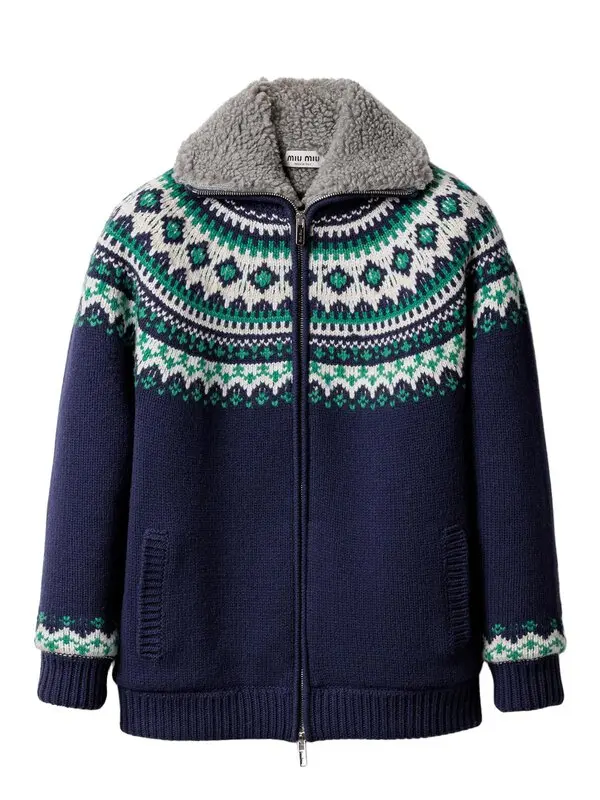 Miu Miu Wool And Fleece Cardigan With Zipper - Navy