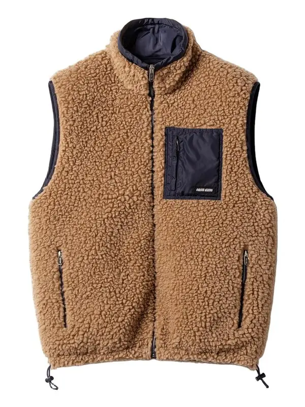 Miu Miu Teddy Down Vest With Technical Pong - Camel/royal Blue