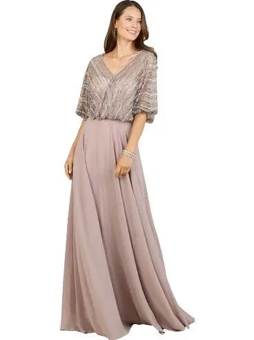 LARA NEW YORK Chiffon A-line Long Gown With Cape Sleeves - Dustypurple