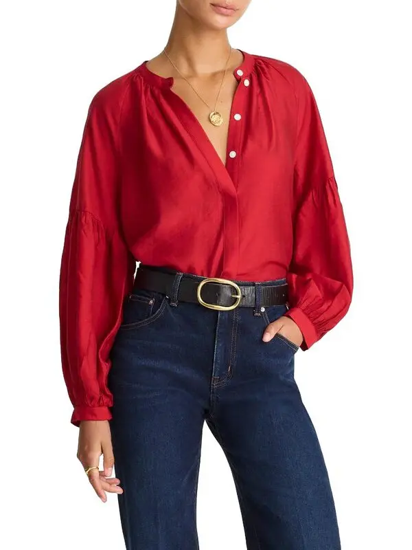 Madewell Shirred Balloon Sleeve Button-up Top - Crimson