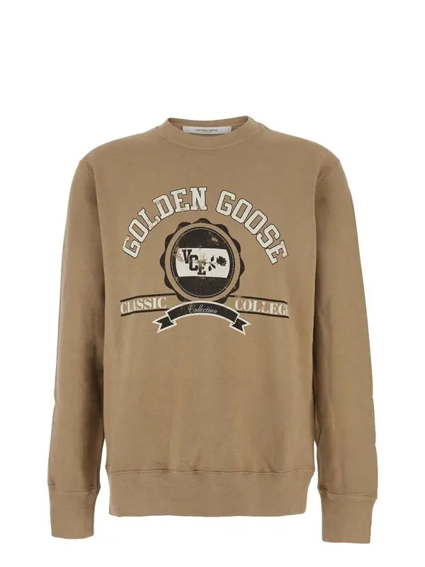 Golden Goose Crewneck Cotton Sweatshirt With Maxi Print - Beige