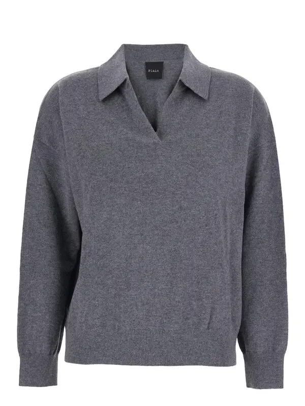 PLAIN Cashmere Polo Collar V-neck Sweater - Grey