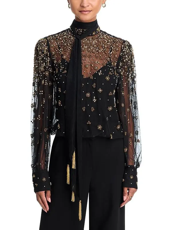 Farm Rio Embroidered Bubble Tulle Blouse - Black