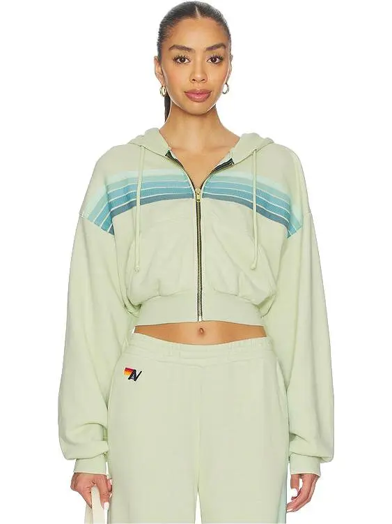 Aviator Nation 5 Stripe Cropped Zip Hoodie - Lime Cream & Seafoam