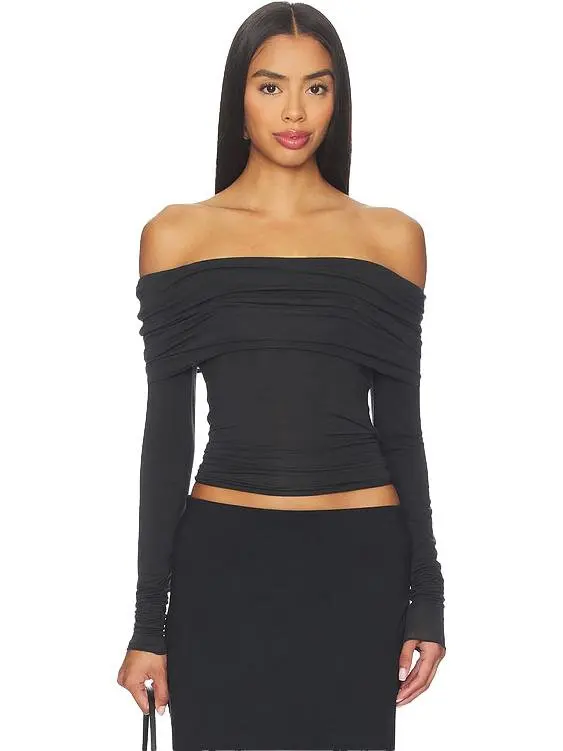 SKIMS Sheer Modal Off Shoulder Long Sleeve Top - Onyx