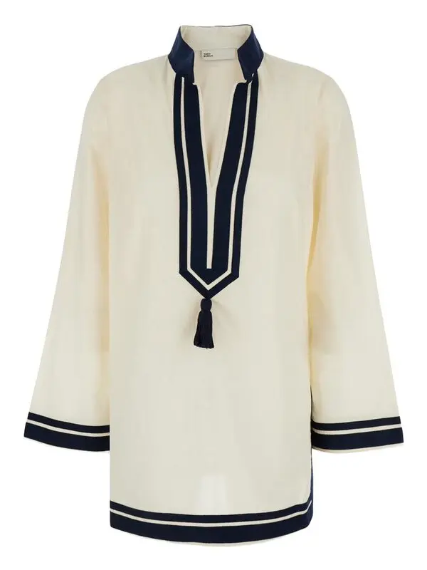 Tory Burch Caftan With Contrasting Details And Tassel In Cotton - White