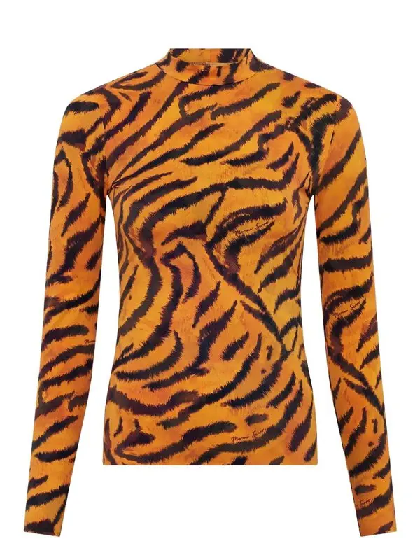 MARINE SERRE Tiger Print Long Sleeve Turtleneck Top - Orange