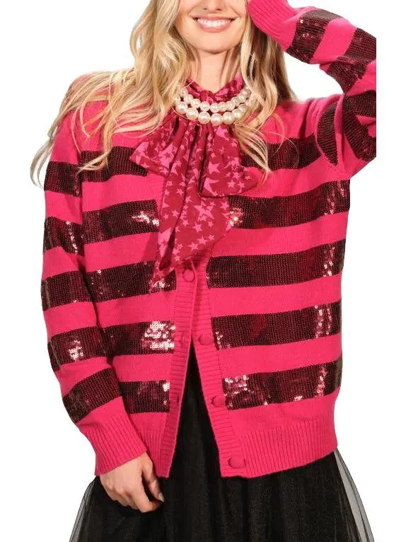 ISAAC MIZRAHI NEW YORK Stripe Sequin Cardigan - Cabaret/burgundy