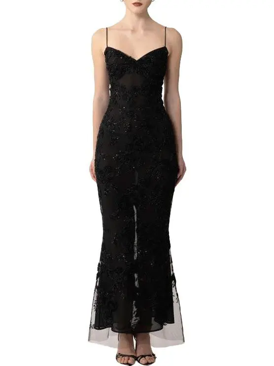 SAU LEE Sammie Beaded Floral Gown - Black