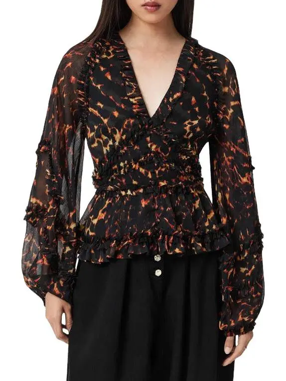 ALLSAINTS Silvie Print Ruffle Top - Pardus Flame Brown